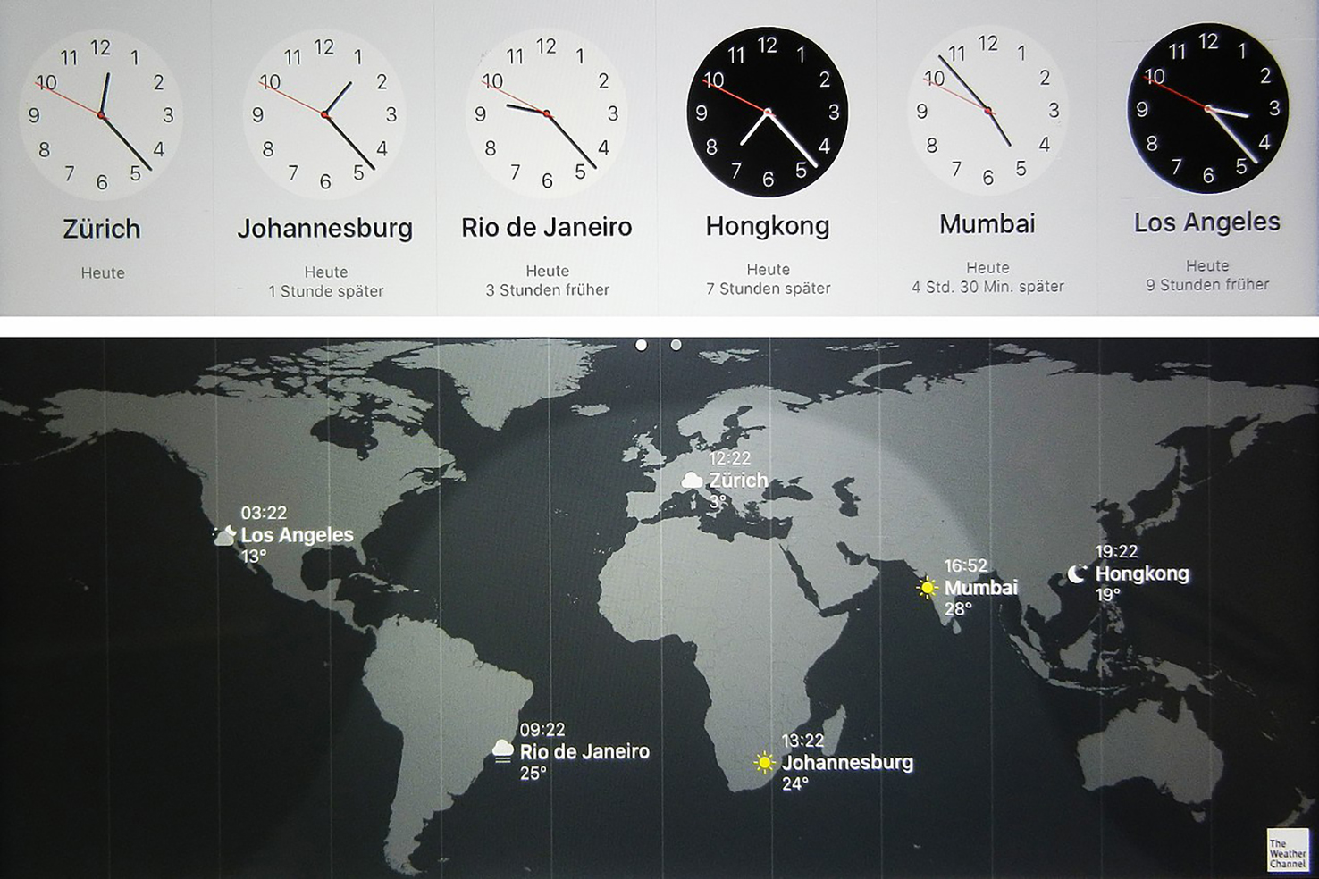 Oben sieht man die Zeit in verschiedenen Sta╠êdten der Erde. Unten auf ...